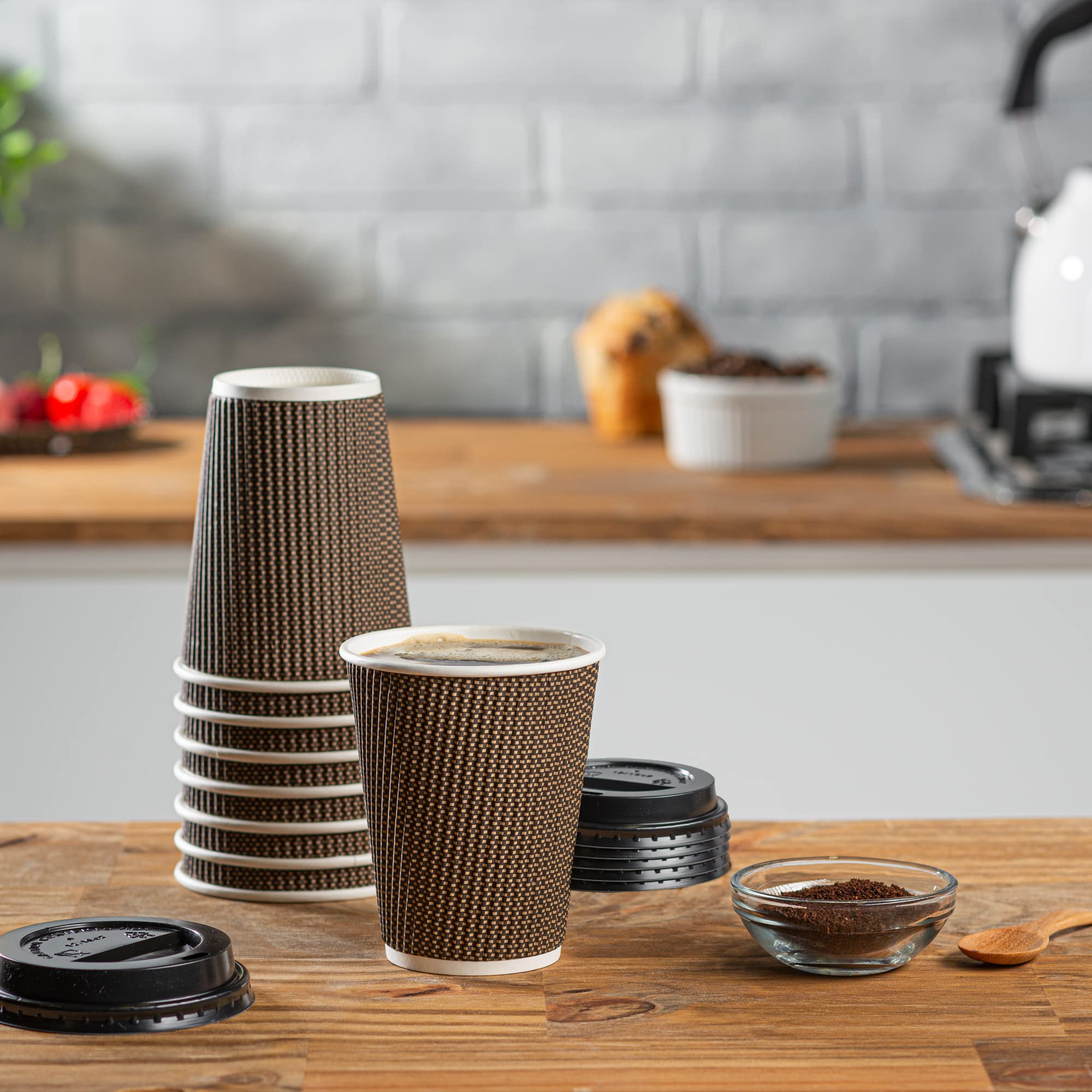 Comfy Package [12 oz. - 50 Sets Insulated Brown Patterned Ripple Paper Hot Coffee Cups With Lids (Lids Color May Vary) - Ideal for Hot Beverages, Travel, and Office Use