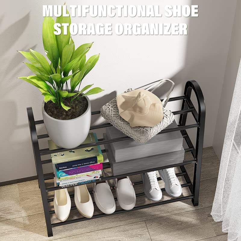 Wuliwuli 3-Tier Shoe Rack Stackable Metal Storage Organizer Multifunctional Free Standing Shoe Shelf for Entryway, Bathroom, Balcony, Kitchen, fits Boots, High Heels, Slippers, Black