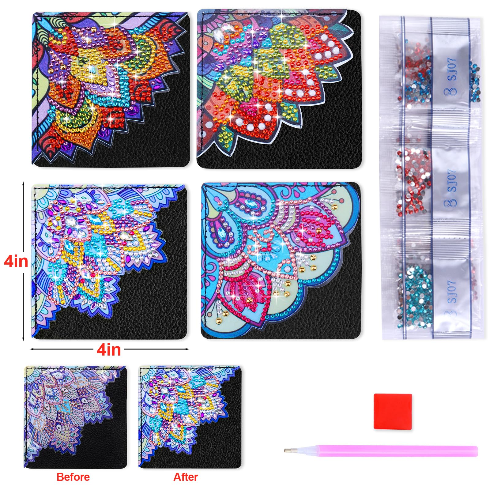 BSRESIN Diamond Art Bookmarks, 4 PCS Cute Diamond Art Bookmarks for Book Lovers, DIY Corner Bookmark Diamond Art Kits for Kids
