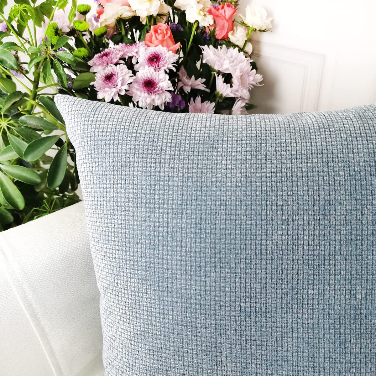 Booque Valley Pack of 2 Rough Chenille Pillow Covers,Thick Texture Solid Rustic Farmhouse Cushion Covers Square Throw Pillow Cases for Sofa Bedroom 18 x 18 Inch Light Blue