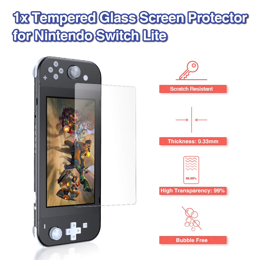Carrying Case Bag for Nintendo Switch Lite, Slim Protective Hard Portable Travel Carry Case Shell Pouch with Tempered Glass Screen Protector, Game Cards Holders & Case, Joystick Caps