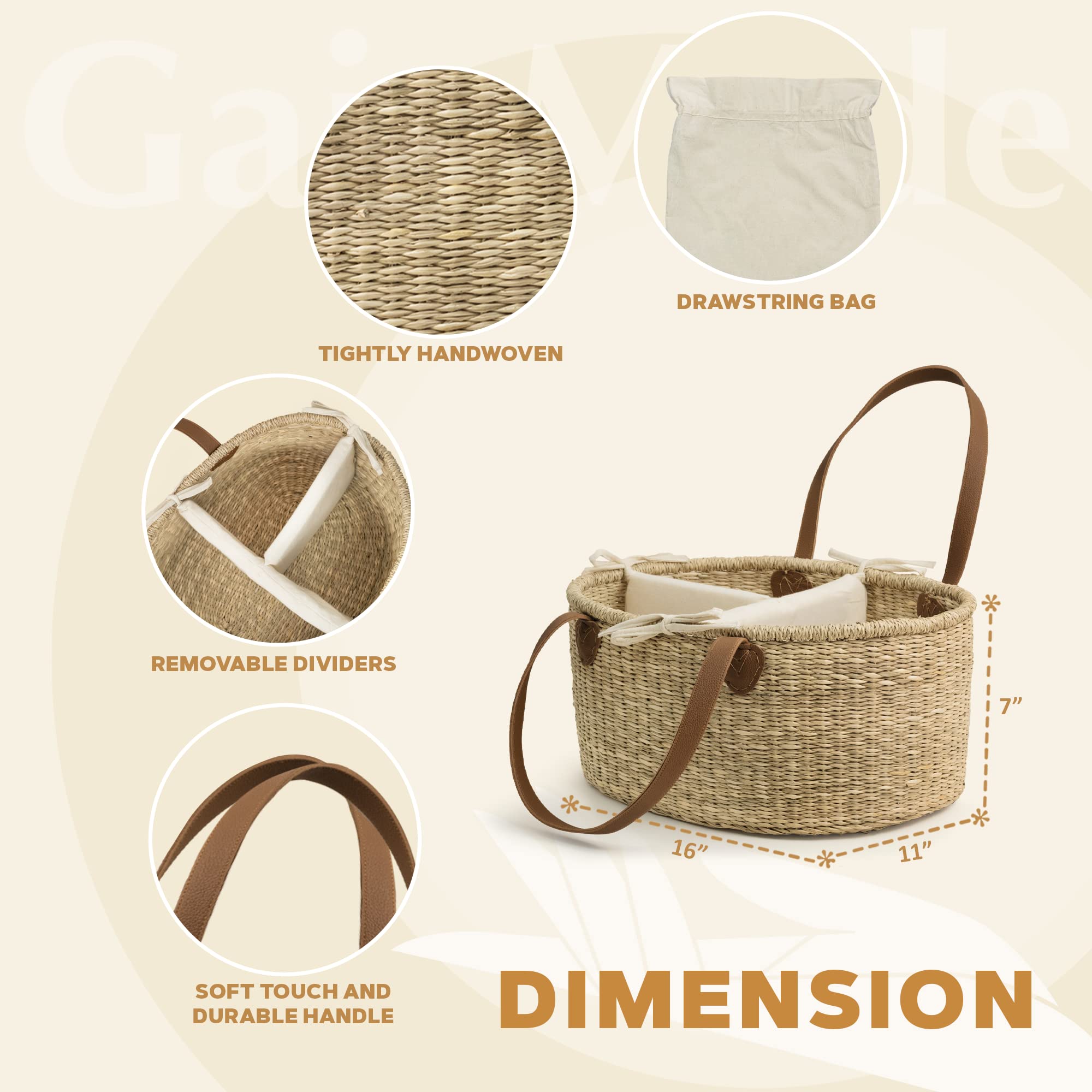 GAIAMADE Seagrass Diaper Caddy, Practical Diaper Holder with Handles, Hand-woven Rattan Baby Diaper Caddy Organizer, Neutral Nursery Organizing, Decoration and Gift (included 2 Cotton Drawstring Bags)