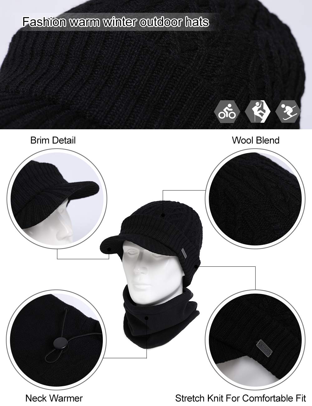 Comhats Winter 2 Piece Wool Knit Hat & Scarf Set for Men Visor Beanie Cap Fleece Lined Cold Weather Warm Unisex Black Medium