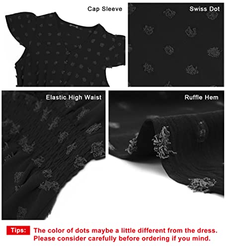 PRETTYGARDEN Womens Boho Short Sleeve V Neck Ruffle Tiered Maxi Dress Swiss Dot Smocked Dress Beach Long Dress (Large, Black)