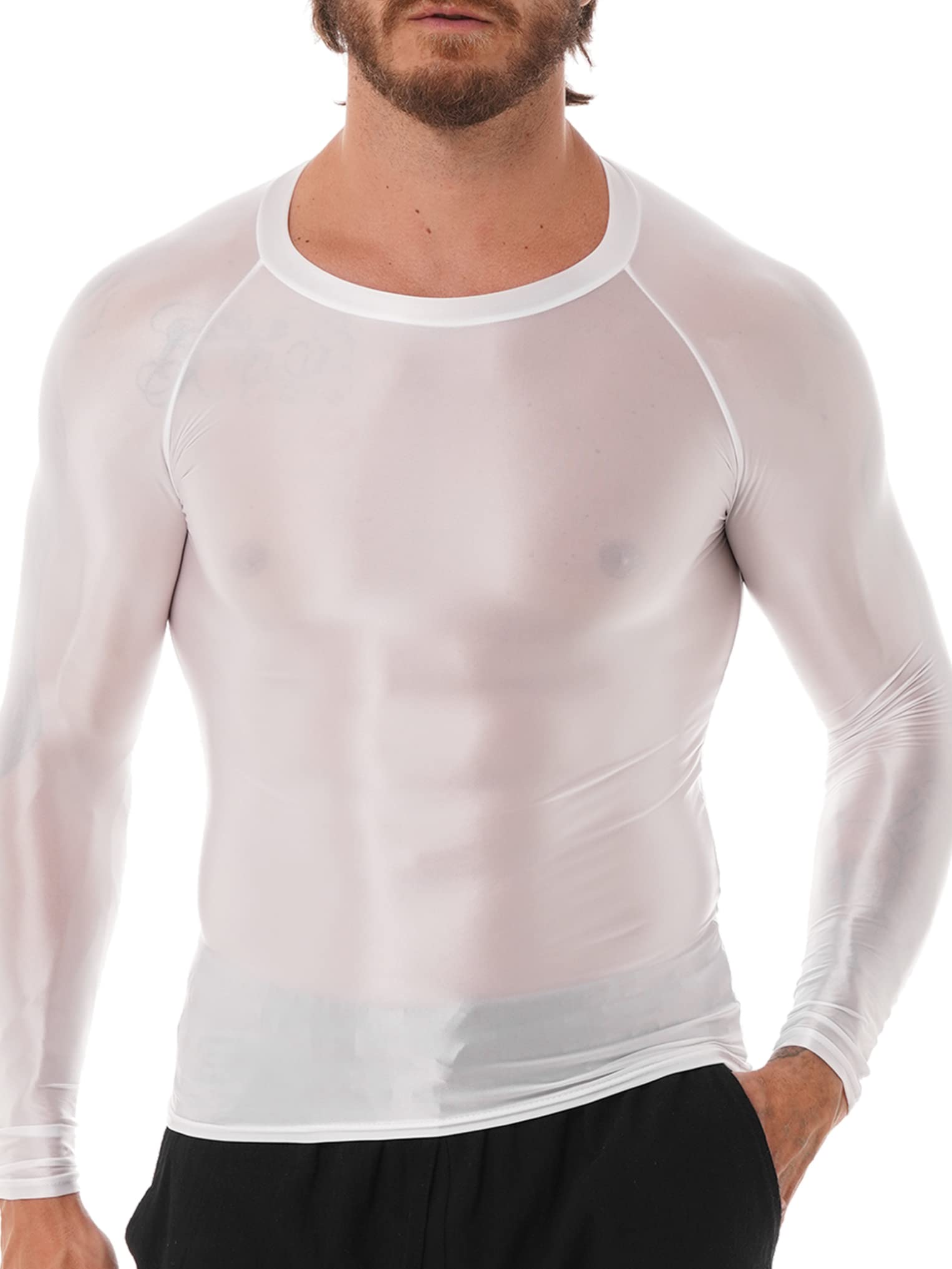 Doomiva Mens Long Sleeve Tops Round Neck Skinny T-Shirt Solid Color Elastic Sportswear Shapewear White Large