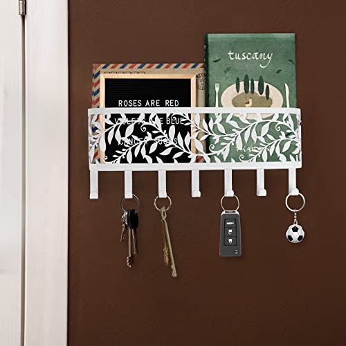 WYTAOHZL Key Holder for Wall Mail and Key Holder for Wall with 7 Key Hooks 11X4.6X2Inches Eucalyptus Design Mail Organizer Wall Mount Key Holder White Metal Key Hooks Key Hangers for Home Decorative