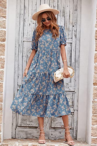 PRETTYGARDEN Women's Summer Casual Boho Dress Floral Print Ruffle Puff Sleeve High Waist Midi Beach Dresses (Blue Apricot,Medium)