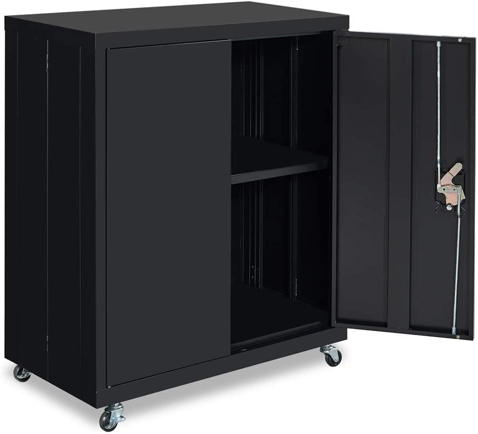 FFFYUN Metal Storage Cabinet with Wheels,Locking Cabinet with 1 Adjustable Shelf, Small Steel Storage Cabinet for Office,Home,Garage,Kitchen,Classroom,Black