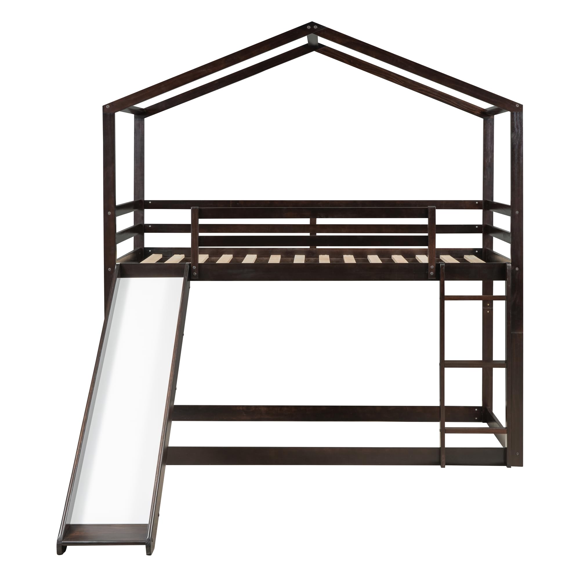 Harper & Bright Designs House Bunk Bed with Slide, Solid Wood Kids Bunk Beds Twin Over Twin with High Guardrail, Able to Split, Kids Loft Bunk Bed for Girls Boys, Easy Assembly,Espresso