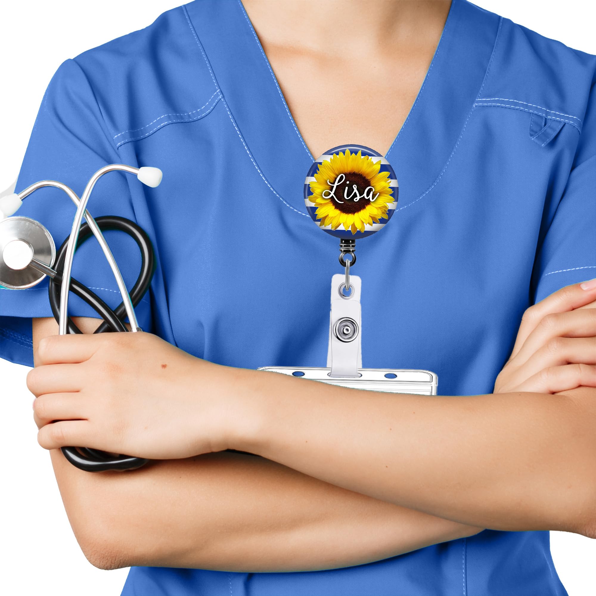 Navy Stripe Sunflower Yoke Stethoscope Tag - Adjustable Steth Id Personalized with Name Monogram Occupation Title - Floral Nurse Gift