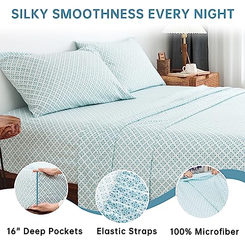 JUMEE 4PC King Sheet Set, Soft Microfiber Floral Bed Sheets, Printed Green Pattern Bedding Set with up to 16" Deep Pocket, Breathable & Cool, Wrinkle and Fade Resistant, Green Laminated Floral
