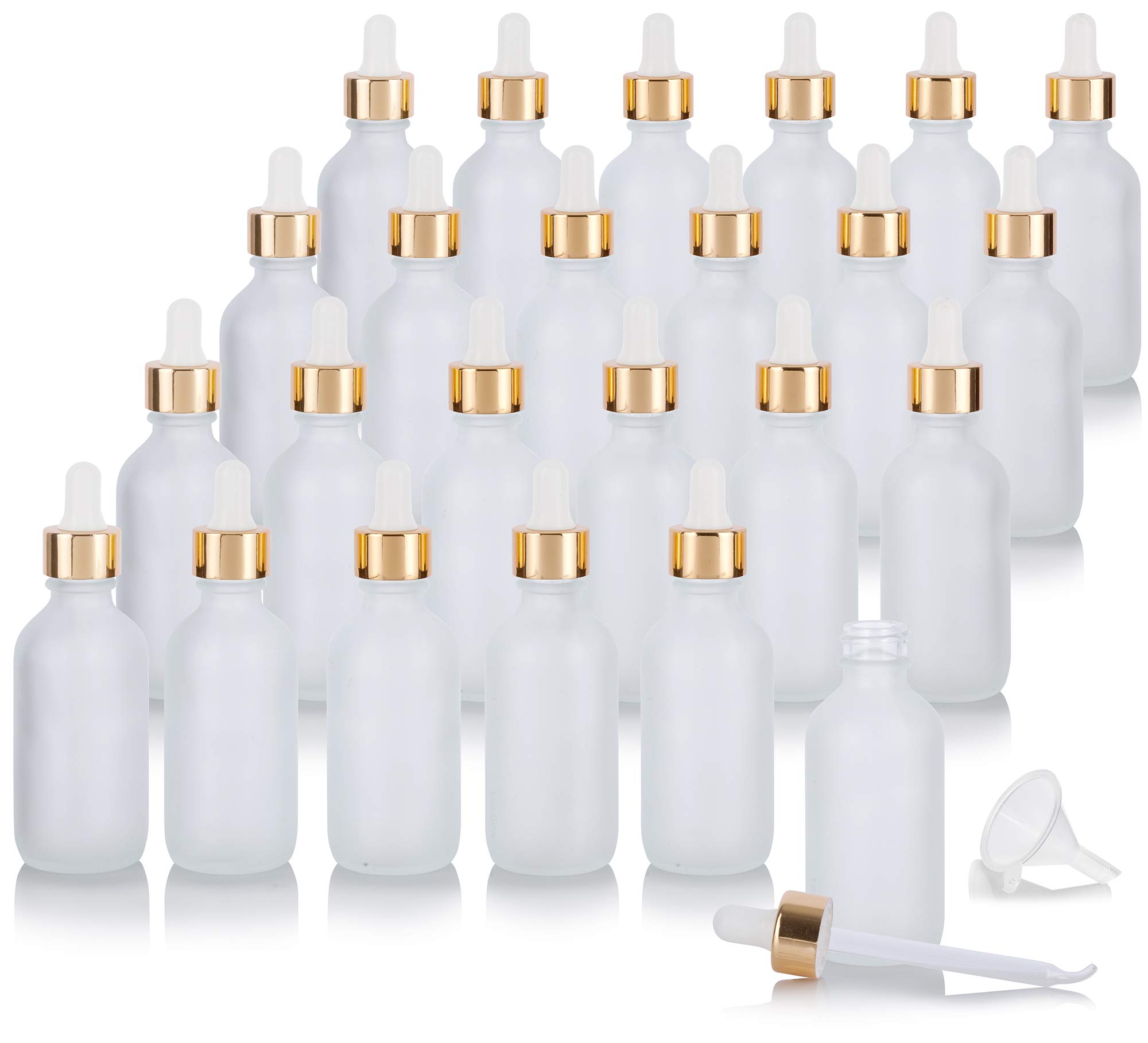 JUVITUS 2 oz / 60 ml Frosted Clear Glass Boston Round Empty Bottle Containers with Silver Metal and Glass Dropper (24 pack) + Funnel