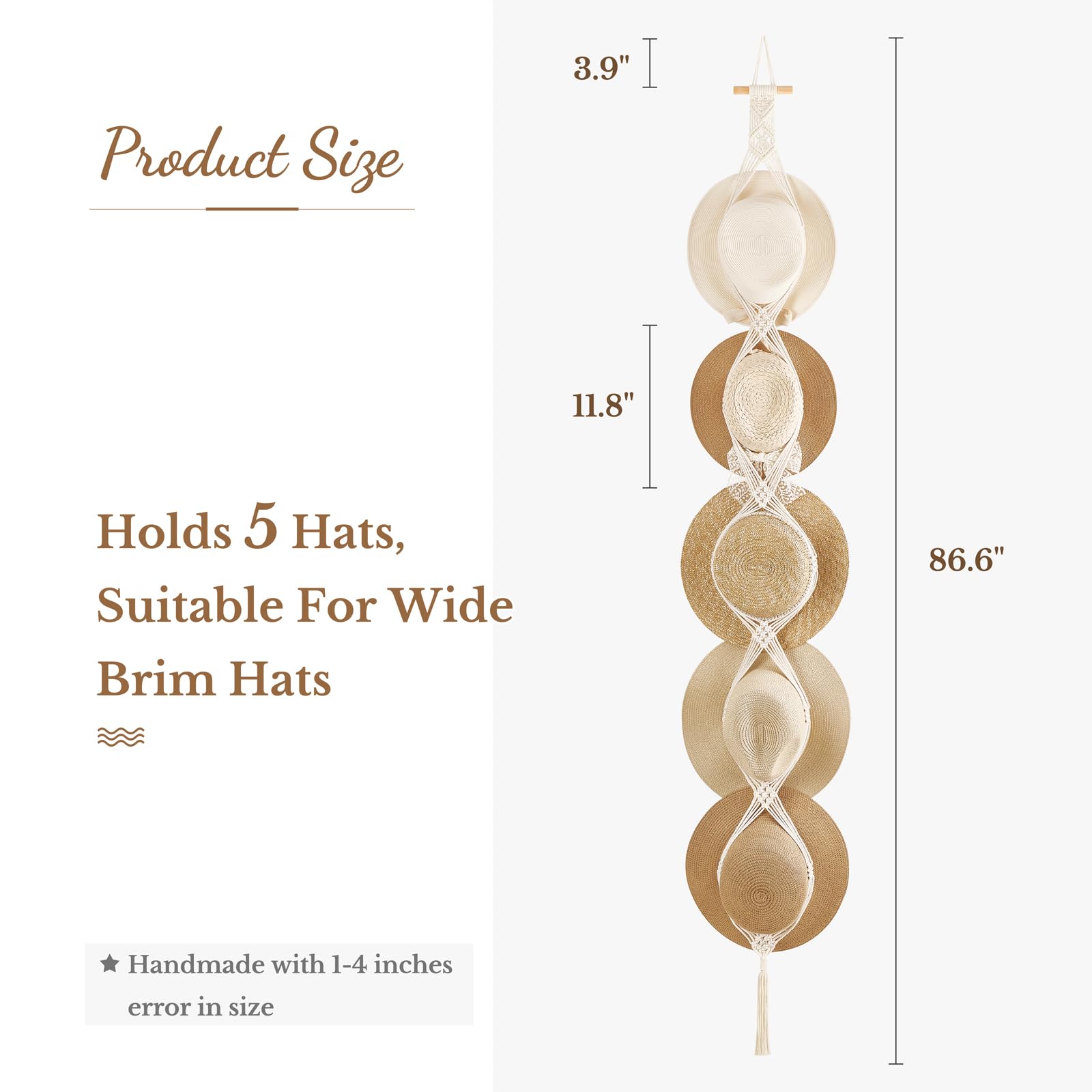 Dahey Macrame Hat Hangers Hat Rack for Wall Cowboy Hat Organizer Hanging Display Hand Weaving Bobo Hat Holder Western Decor for Wide Brim Hats Bowler Fedora Hats, 5 Hats Style
