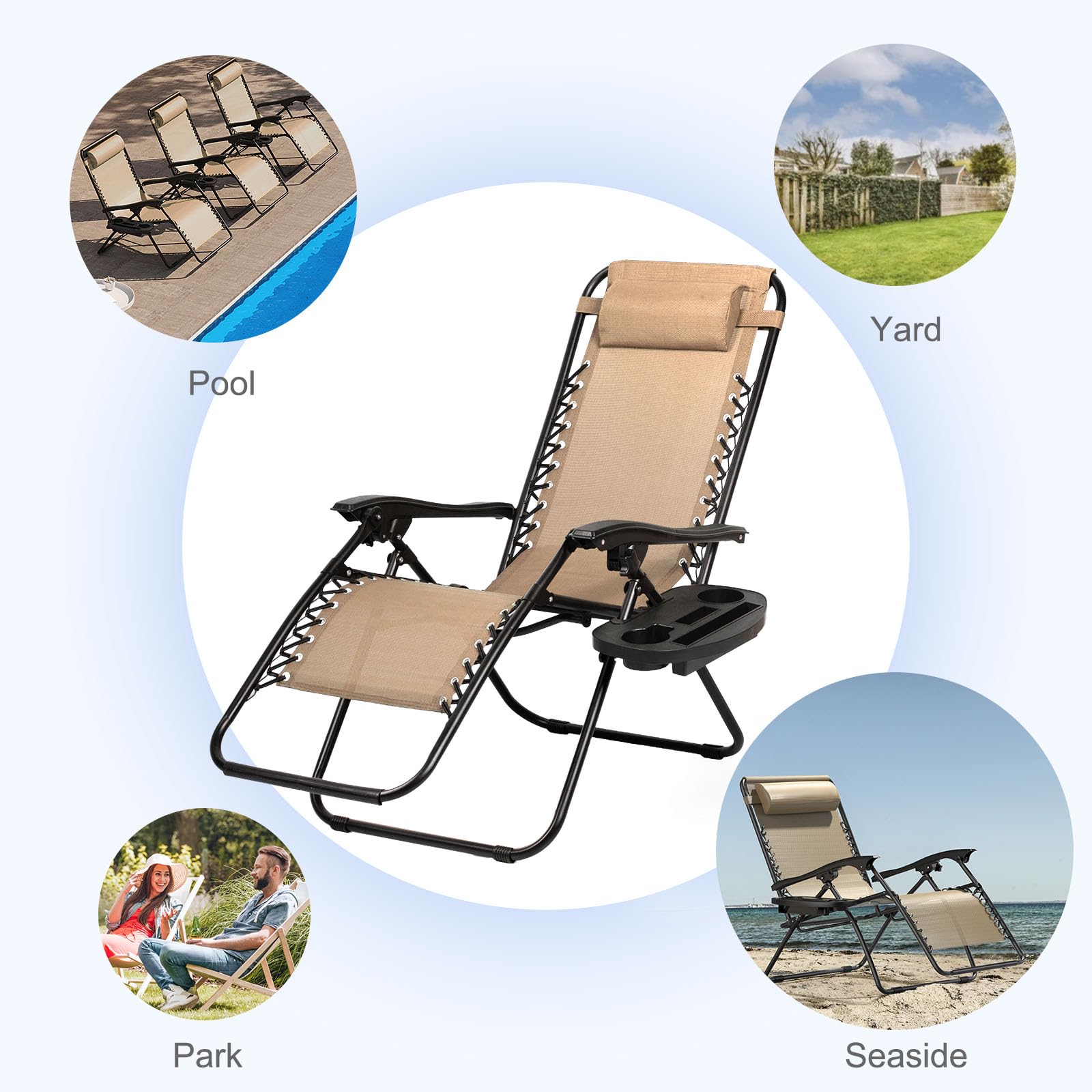 Nazhura Set of 2 Relaxing Recliners Patio Chairs Adjustable Steel Mesh Zero Gravity Lounge Chair Beach Chairs with Pillow and Cup Holder Khaki (Kahki)