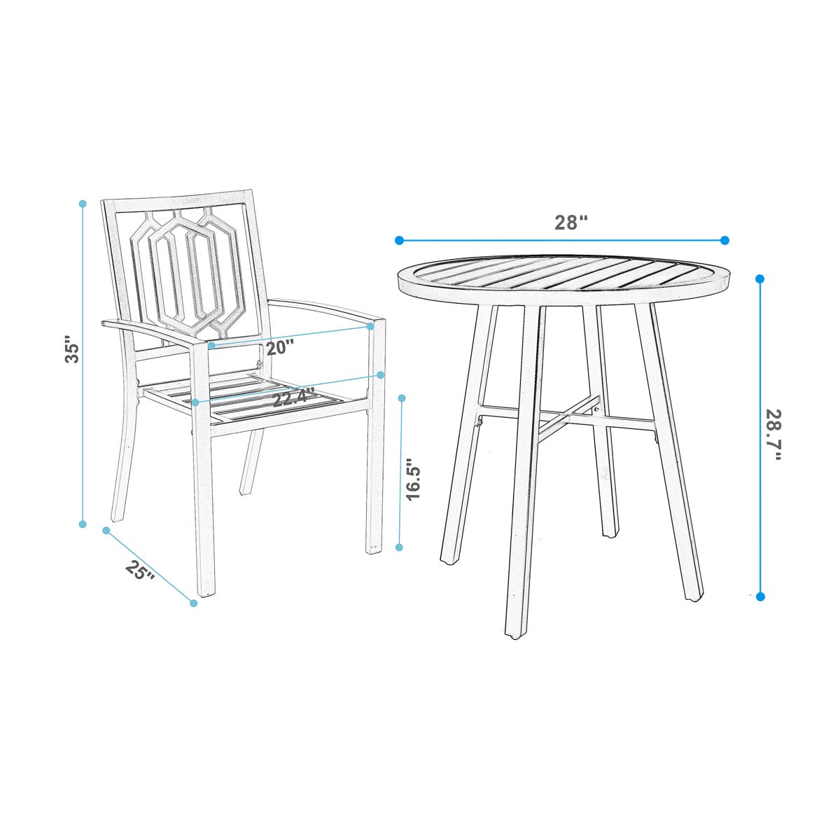 PHI VILLA Metal Outdoor Patio Bistro Set 3 Piece Dining Furniture - Black
