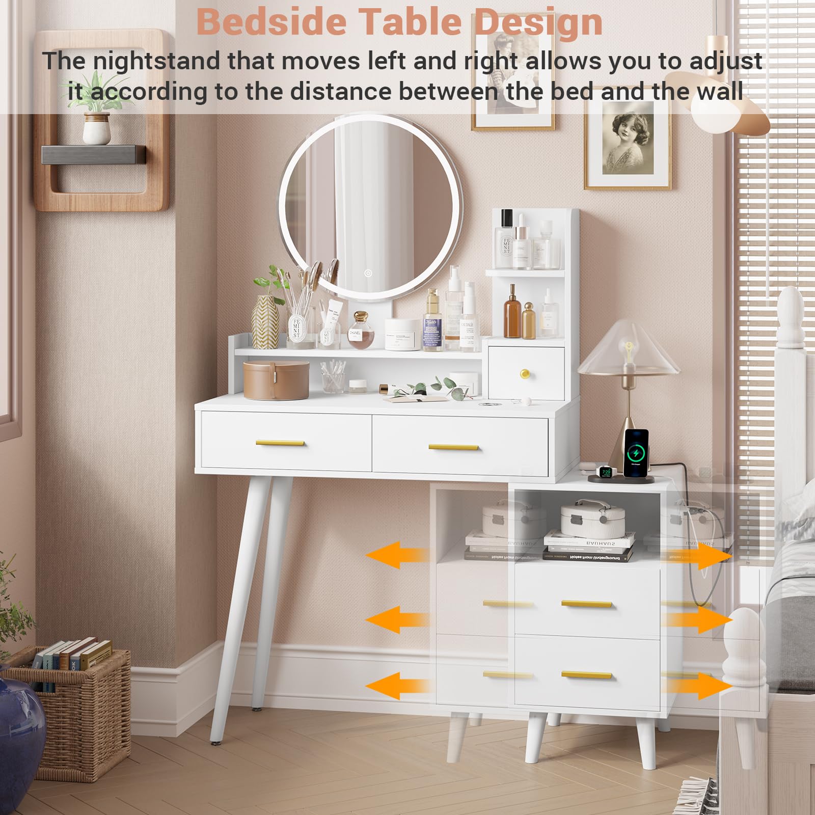 BTHFST Makeup Vanity with Lights and Charging Station, White Vanity Desk with Round Mirror and Lights, Vanity Table with Drawers and Shelves, Makeup Table with Touch Screen Mirror and Nightstand