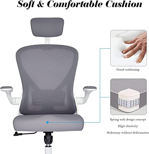 Moppson Ergonomic Office Chair, High Back Desk Chair,360-Degree Swivel,Adjustable Height with Flip-Up Arms,Tilt Function,Cushion for Lumbar Support Office Chair (White)