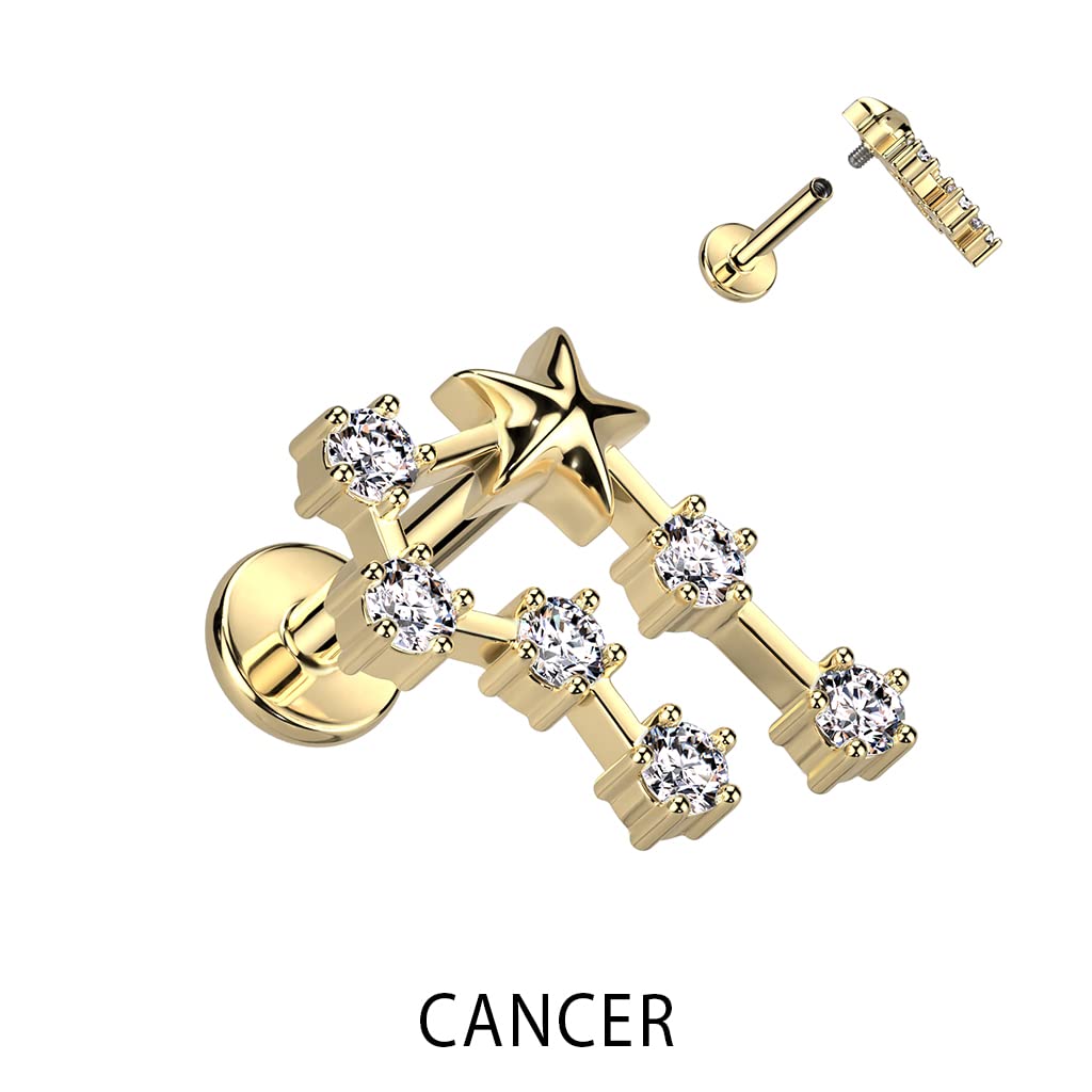 Dynamique 316L Surgical Steel Gold Plated Internally Threaded CZ Zodiac Constellation Labret Stud (Sold Per Piece)