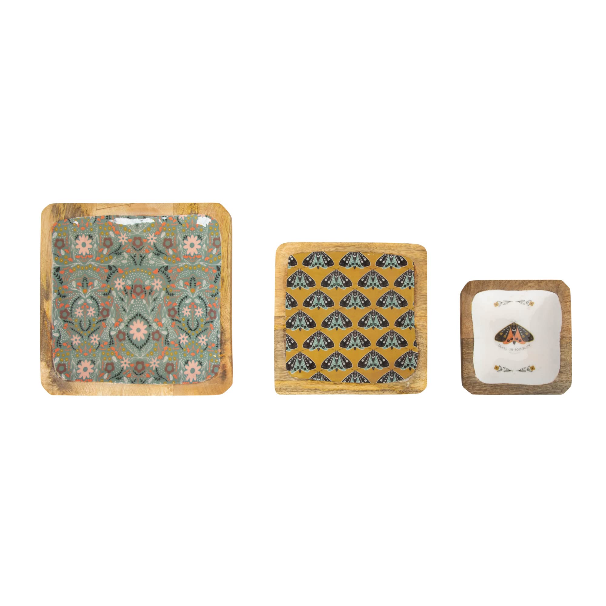 Creative Co-Op Enameled Wood Moths and Florals, Set of 3 Sizes, Multicolor Tray, Multi