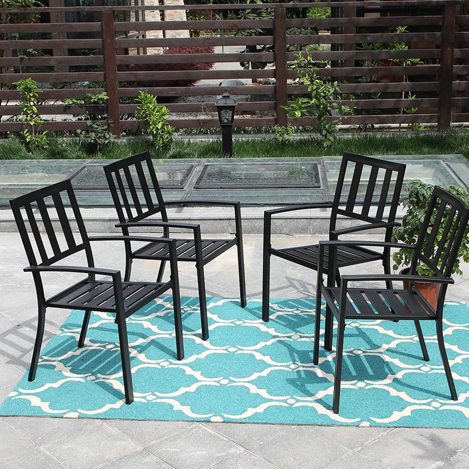 PHI VILLA Patio Dining Stackable Chairs, Outdoor Wrought Iron Furniture Set Bistro Chairs with Armrest,Black (Square Pattern, 4 Set)