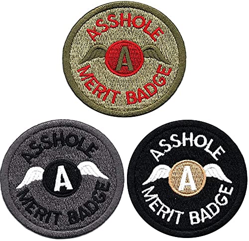 COLIBROX 3 Pack Asshole Merit Badge Funny Patch Embroidered Military Morale Tactical Patches Hook & Loop Backing Emblem (2.48ā in Diameter)