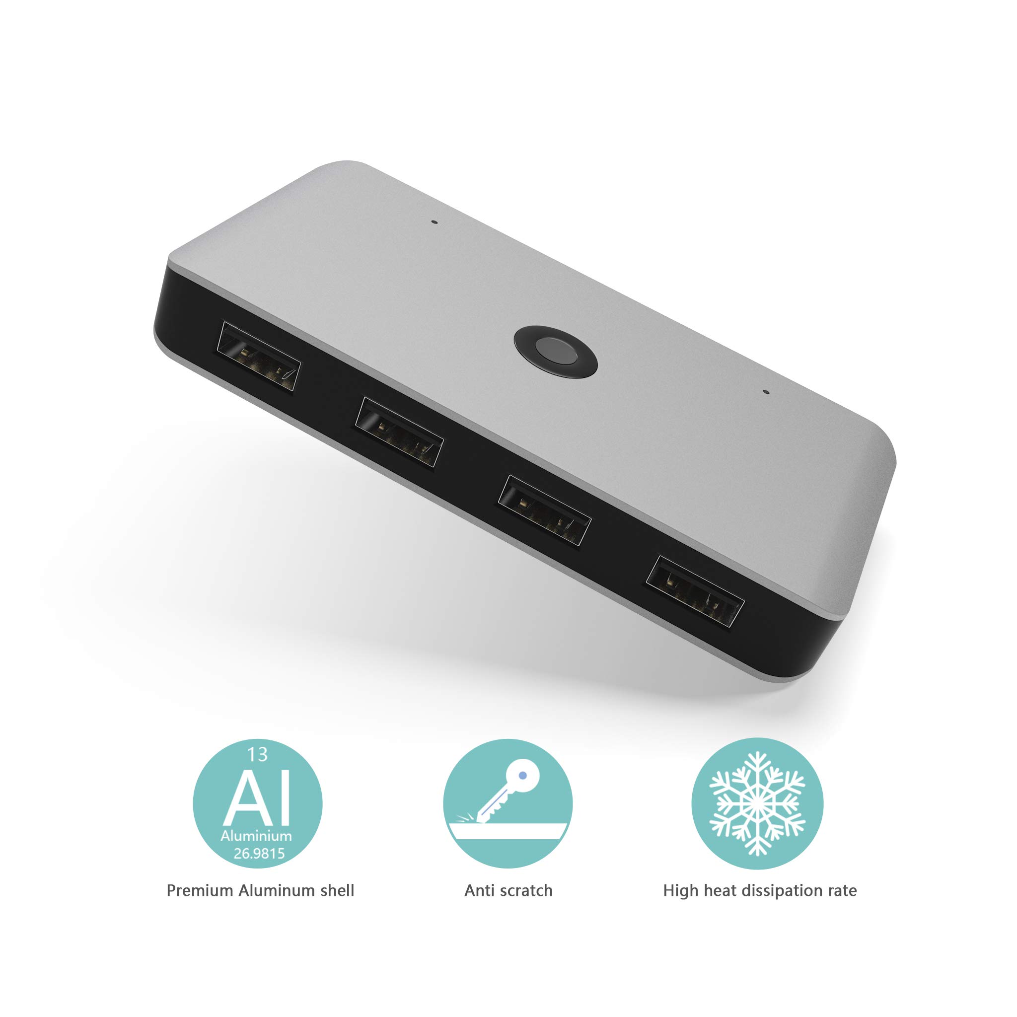 Cateck Aluminum Build USB Switch Selector 2 Computers Sharing 4 USB Devices USB 2.0 Peripheral Switcher Box Hub for Mouse, Scanner, Printer, PCs with One-Button Swapping and 2 Pack USB A to A Cable
