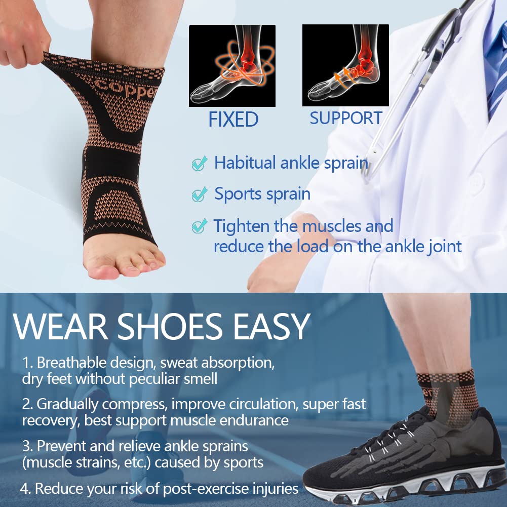 Copper Ankle Brace, Copper Infused Ankle Support Compression Sleeve for Men & Women, for Foot Pain Relief, Plantar Fasciitis, Sprained Ankle, Achilles Tendonitis,Recovery, Daytime or Night Use(L)
