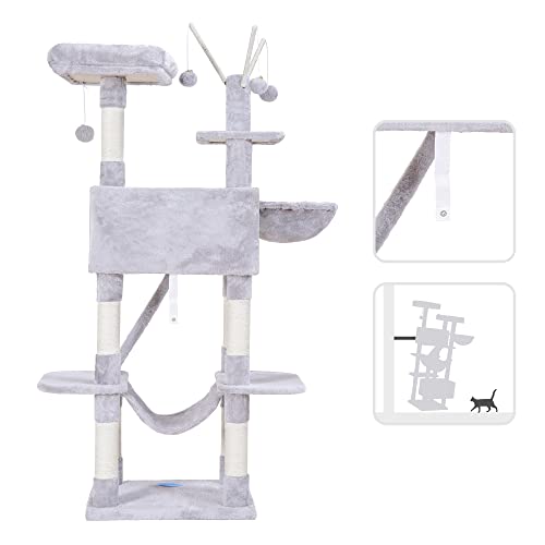 Hey-brother Cat Tree, 61 inch Cat Tower for Indoor Cats, Cat House with Padded Platform Bed, Toy Balls, Large Cozy Condo, Hammocks and Sisal Scratching Posts, Light Gray MPJ019W
