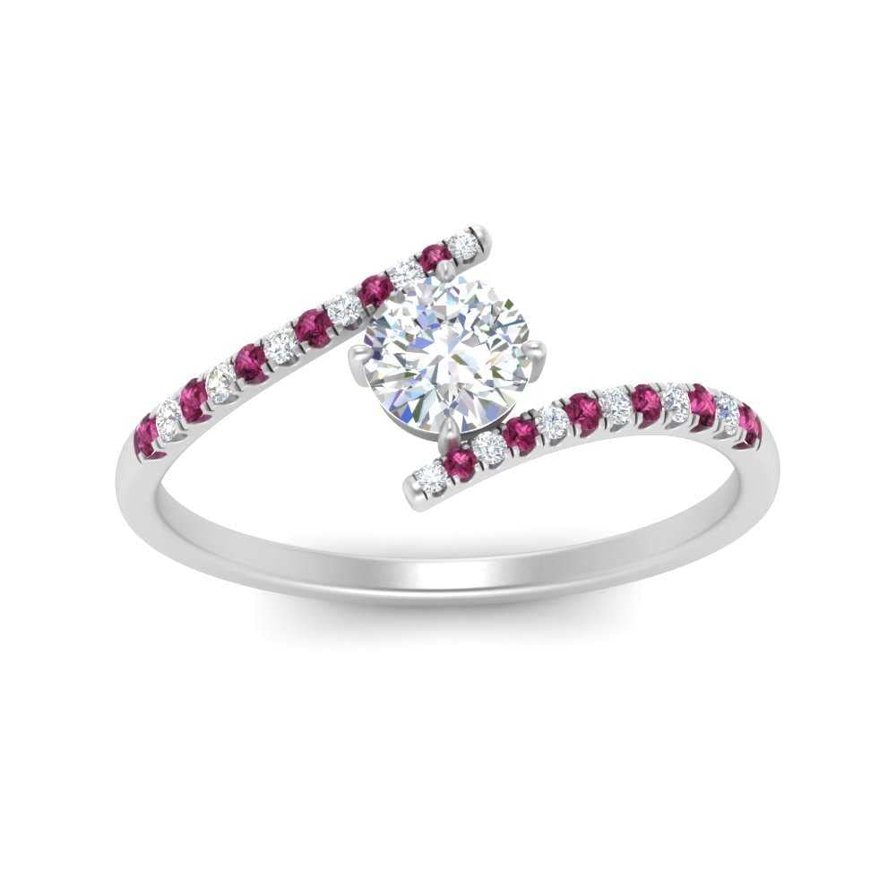CustomizedGifts Bypass Modern Round Diamond Ring sterling silver Created Pink Sapphire Round shape Pink color Side Stone Engagement Rings prong Setting in Size 11 Casual Wear for Gift