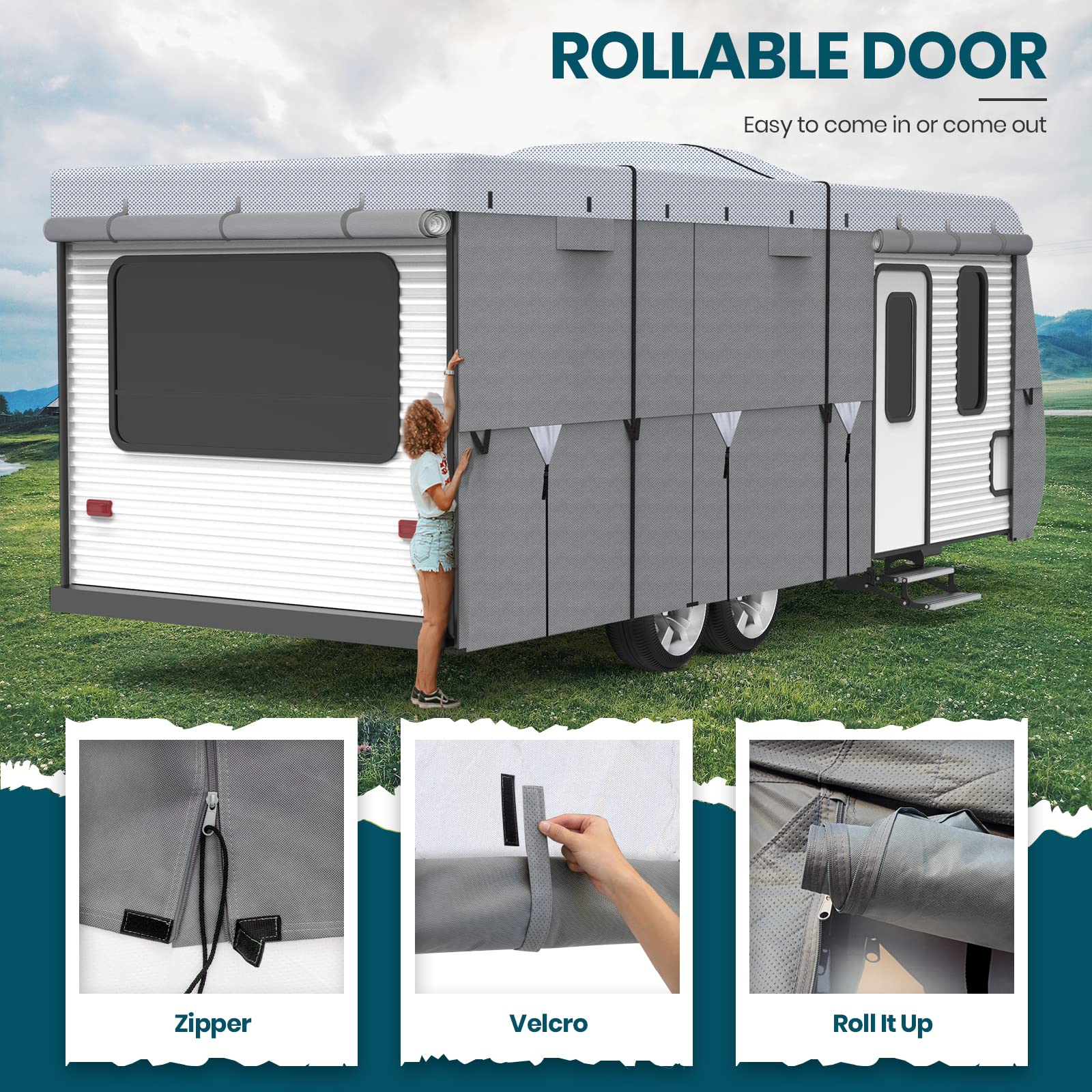 XGEAR RV Cover Travel Trailer Covers Fits 27'-30' Rv Trailer, Durable Premium Solar Shield Camper Cover with 4 Tire Covers, Repair Patches, 2 Extra Straps