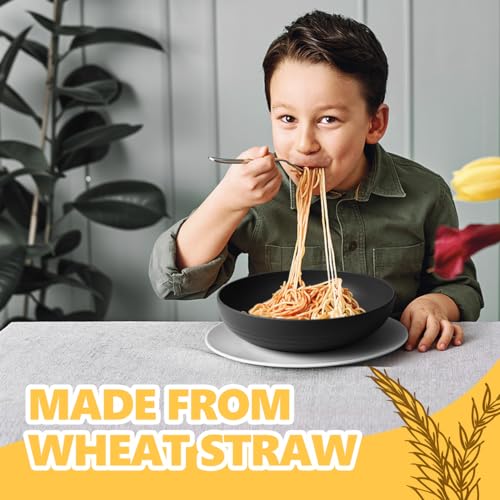 Teivio 24-Piece Kitchen Plastic Wheat Straw Dinnerware Set, Service for 6, Dinner Plates, Dessert Plate, Cereal Bowls, Pasta Bowls, Unbreakable Outdoor Camping Dishes, Black
