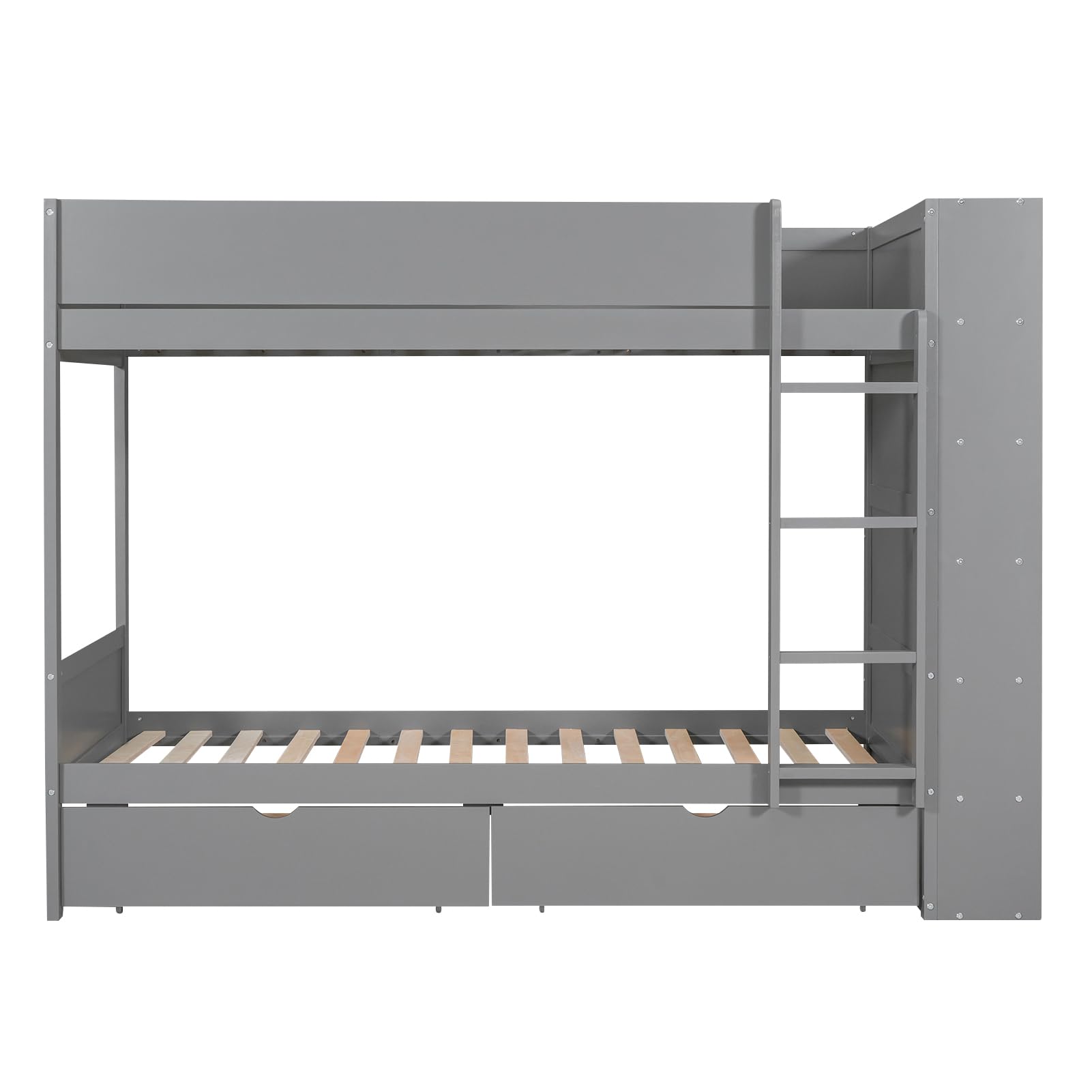 Harper & Bright Designs Twin Over Twin Bunk Beds with Storage Drawers & Bookshelves, Wood Bunk Bed Frame with Guardrails & Ladder for Kids, Teens, Adults (Gray)