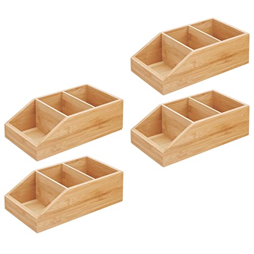mDesign Bamboo Wood Food Storage Bin with Divided 3 Compartments and Sloped Front for Kitchen Cabinet, Pantry, Shelf to Organize Seasoning Packets, Powder Mixes, Spices, Snacks - 4 Pack - Natural