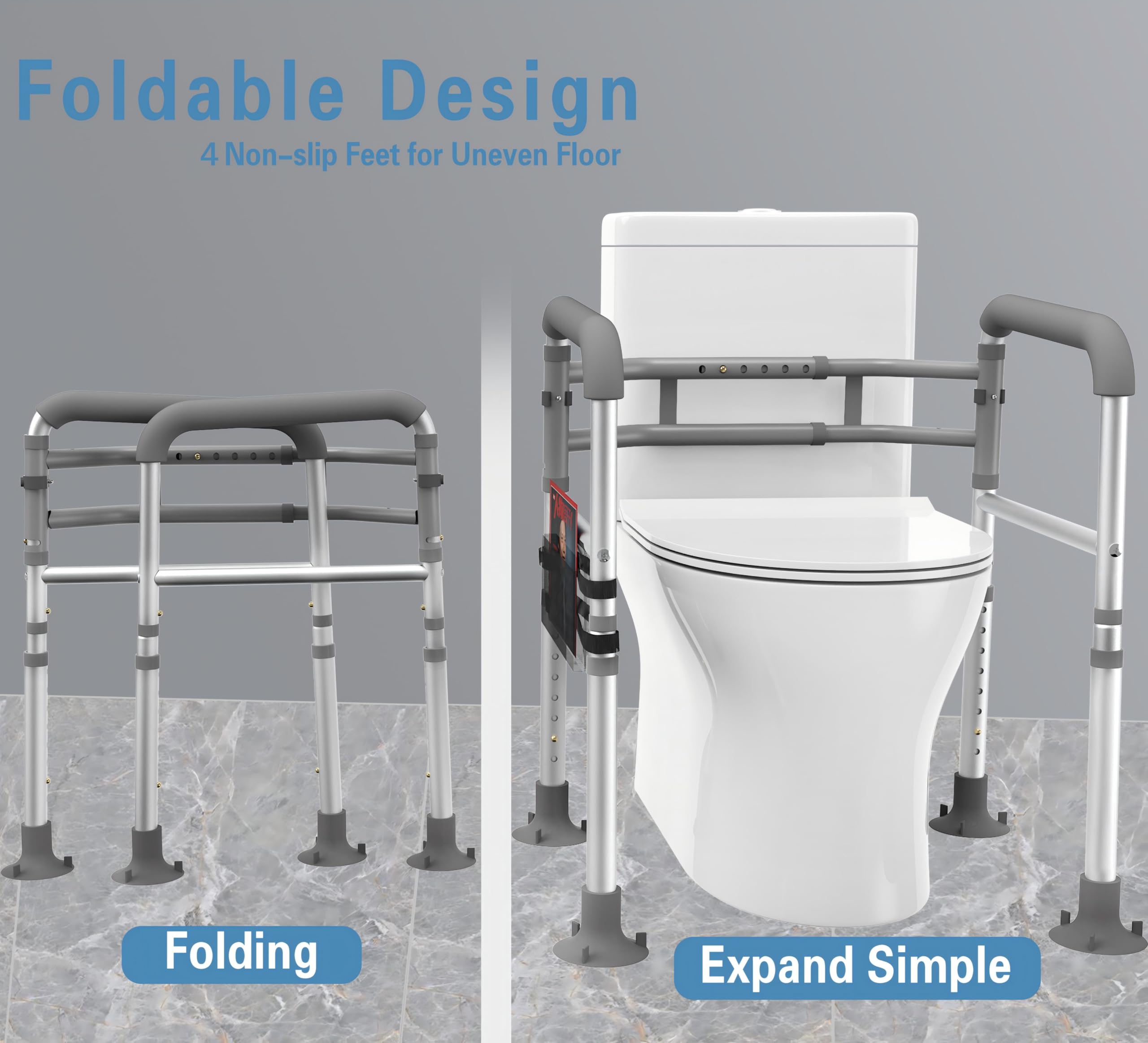 Delog Toilet Safety Rails, Adjustable Toilet Safety Frame for Elderly, Seniors, Handicap & Disabled, Toilet Frame with Handles, Foldable Handicap Toilet Rails Fit Any Toilets 400 LB