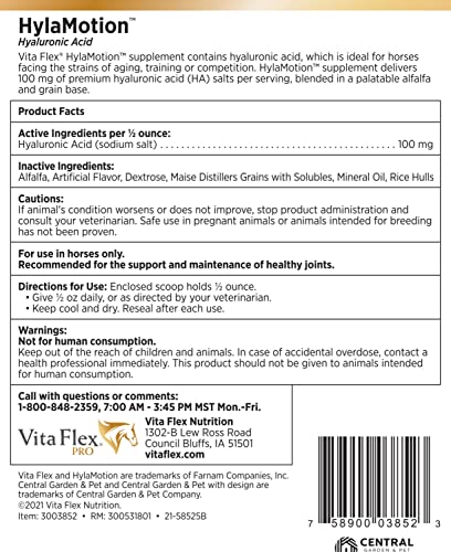 Vita Flex Pro Hylamotion Hyaluronic Acid Horse Joint Supplement; Ideal for Aging, Training or Competition Horses, 2.5 Pounds