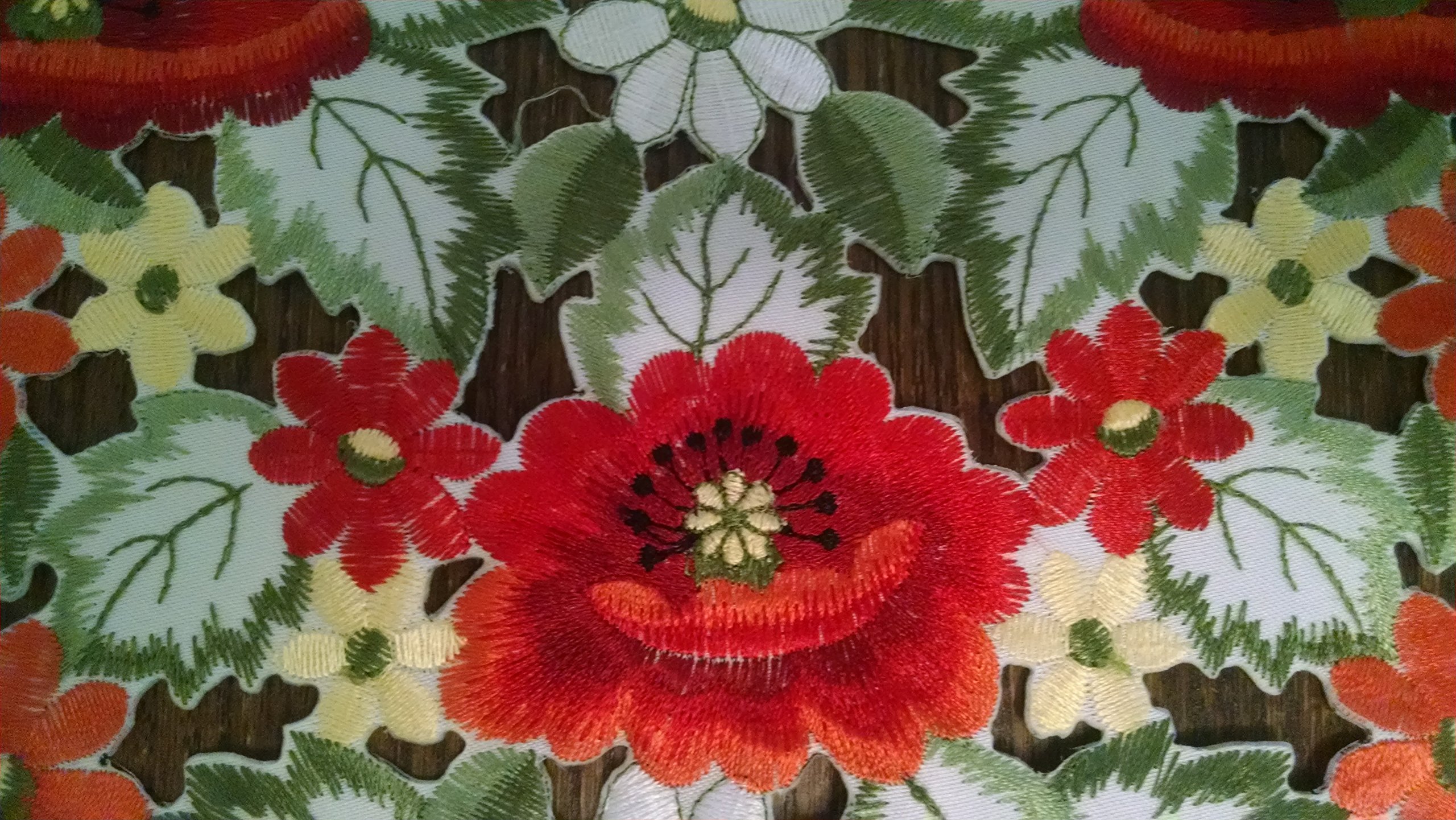 Doily Boutique Place Mat or Doily with Red Poppy Flowers on Antique White Fabric Size 27 x 13 inches