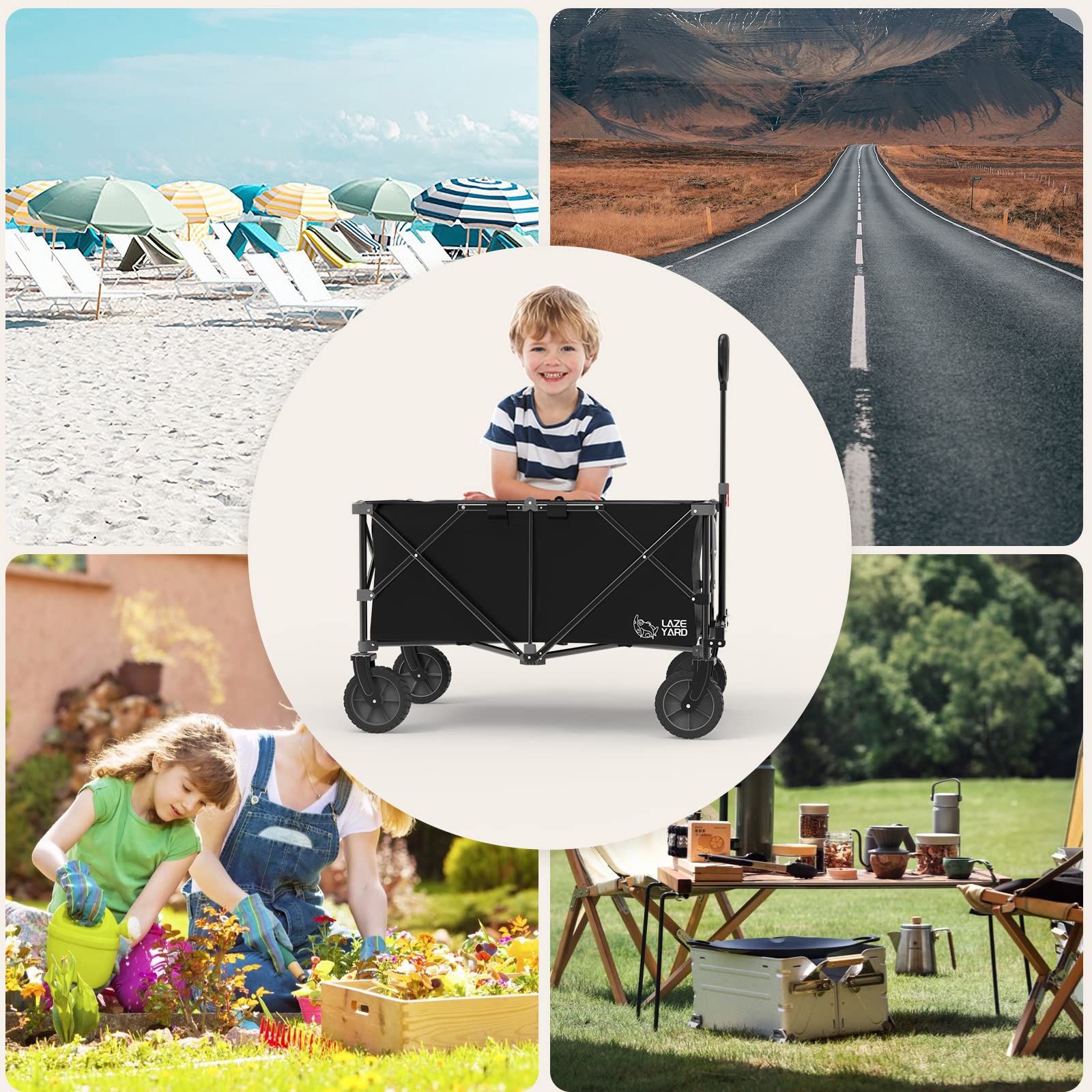 Collapsible Double Decker Wagon,Heavy Duty Foldable Wagon Cart with Extendable Tailgate,330lbs Capacity Folding Beach Wagon with All-Terrain Big Wheels,Utility Cart for Garden Sport Shopping Camping
