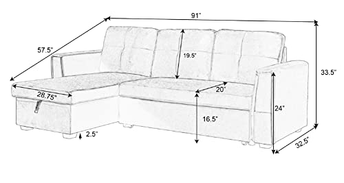 Legend Vansen 91" Wide Reversible Sofabed Sectional Sofas with Chaise，Velvet Storage L-Shape Twin Size for Living Room Couch Sleeper, Cream