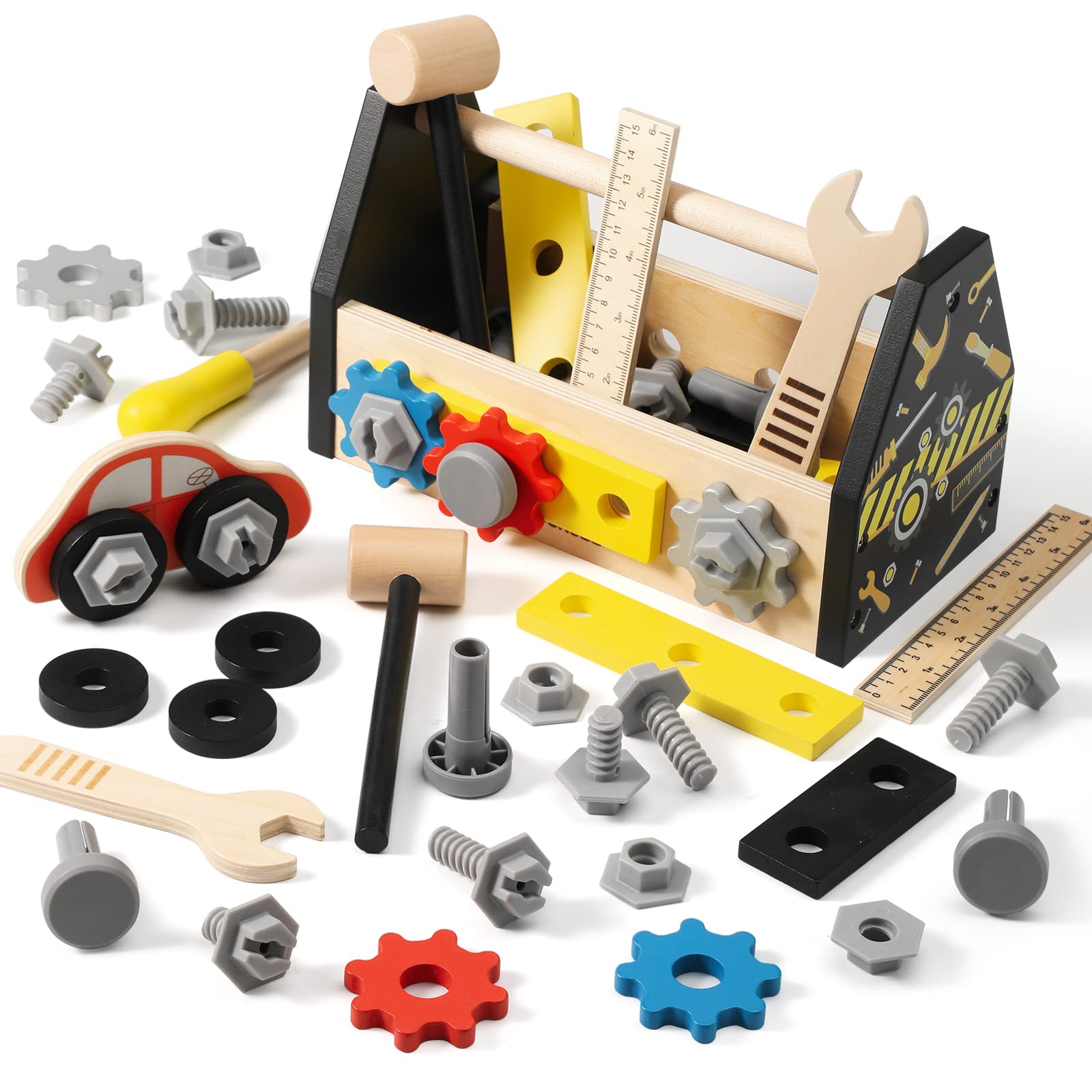 Dorjee Kids Kitchen Tool Set with Accessories, Wooden Toy Tools for Toddler Age 3-5 Pretend Play, Take-Along Construction Toys for Preschool Learning Activities, Easy to Organizer and Storage,Black