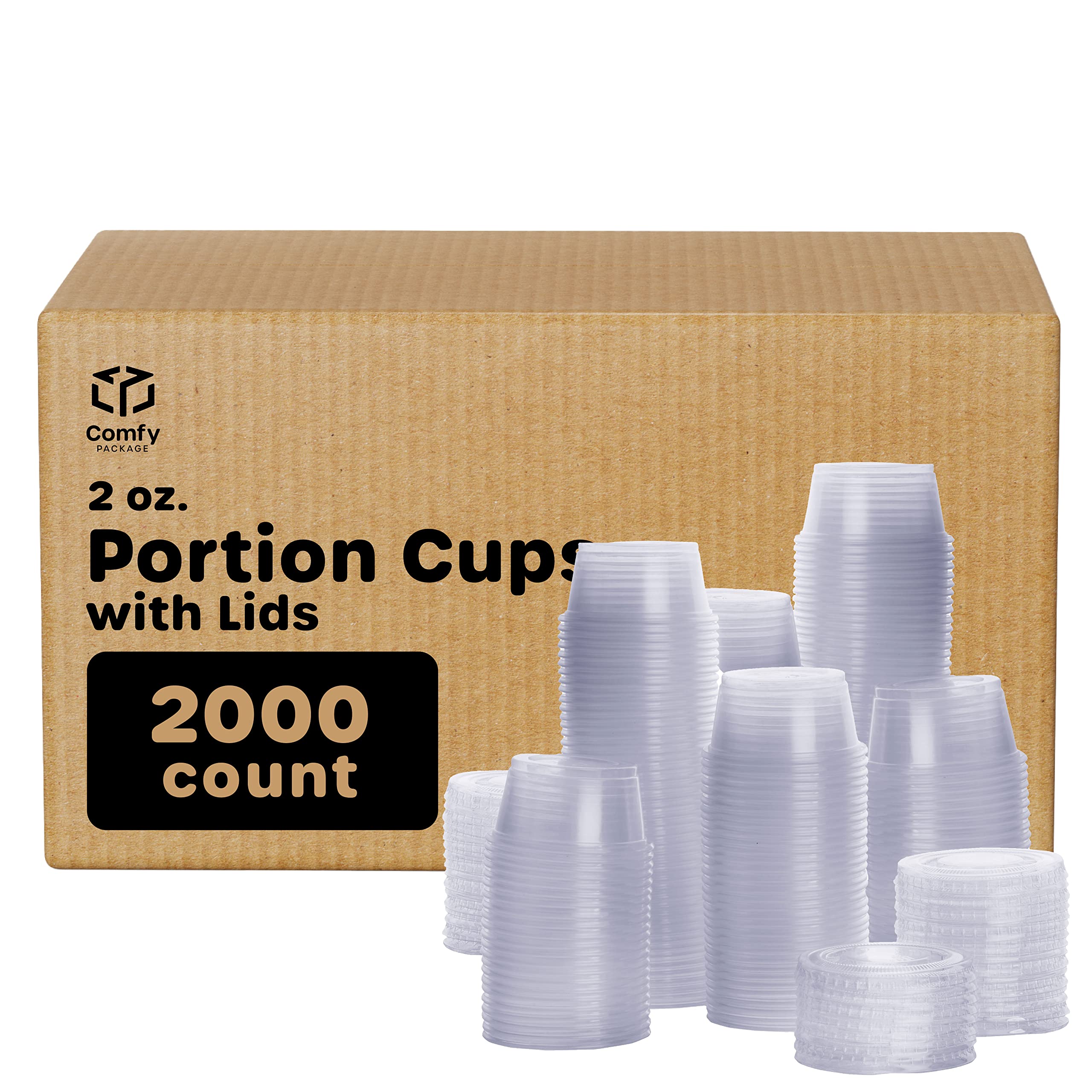 Comfy Package [Case of 2,000 1 oz. Clear Disposable Plastic Portion Cups with Lids - Soufflé Cups, Jello Shot Cups With Lids, Clear Plastic Containers With Lids