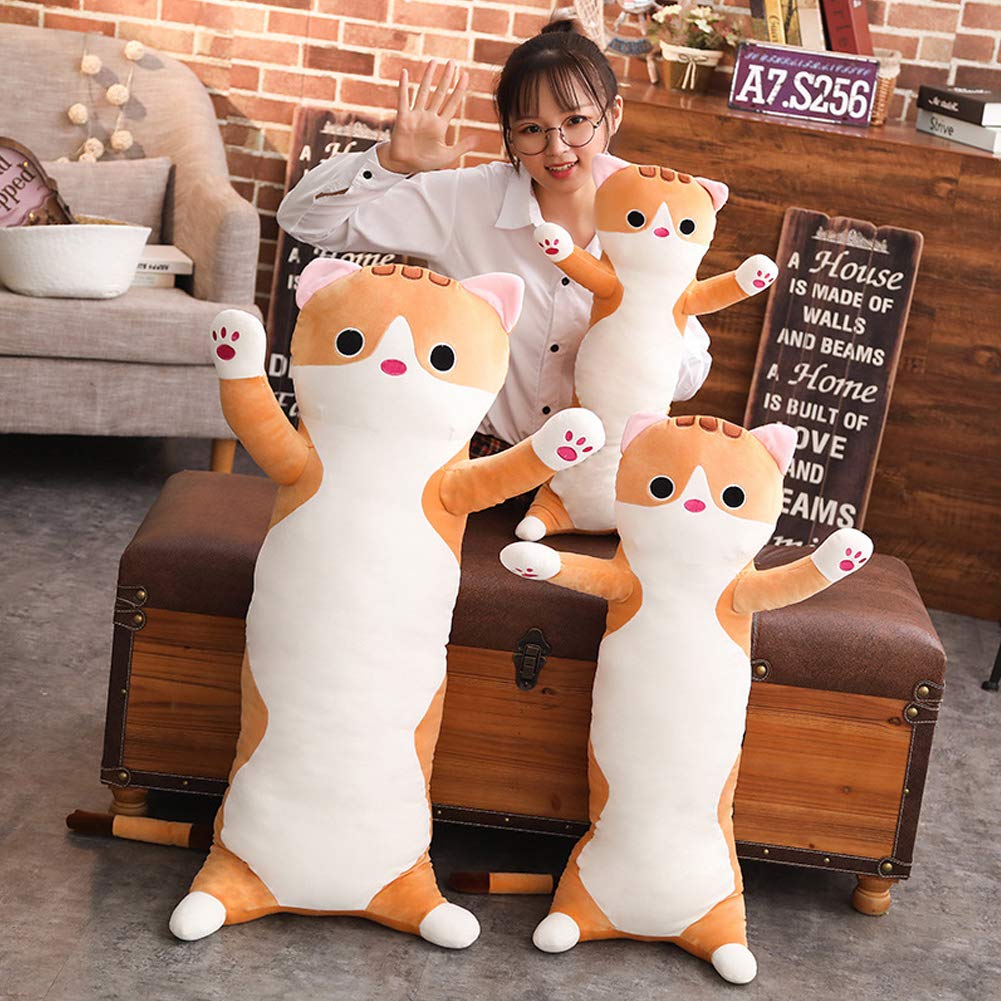 Jensquaify Long Cat Plush Pillow, Soft Cat Stuffed Animals Body Pillow Kitten Plush Hugging Pillow Toy Gifts for Kids (Brown, 35.4 inch)