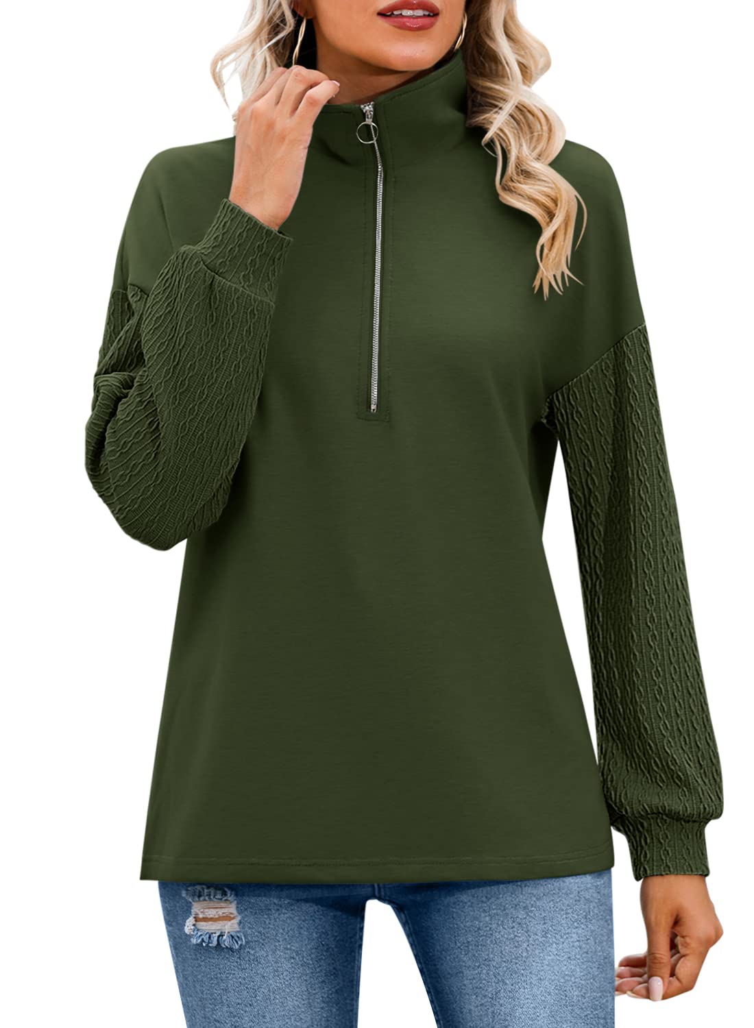 DOROSE Womens Half Zip Sweatshirt Oversized Long Sleeve Collar Drop Shoulder Solid 1/4 Zipper Pullover Army Green L