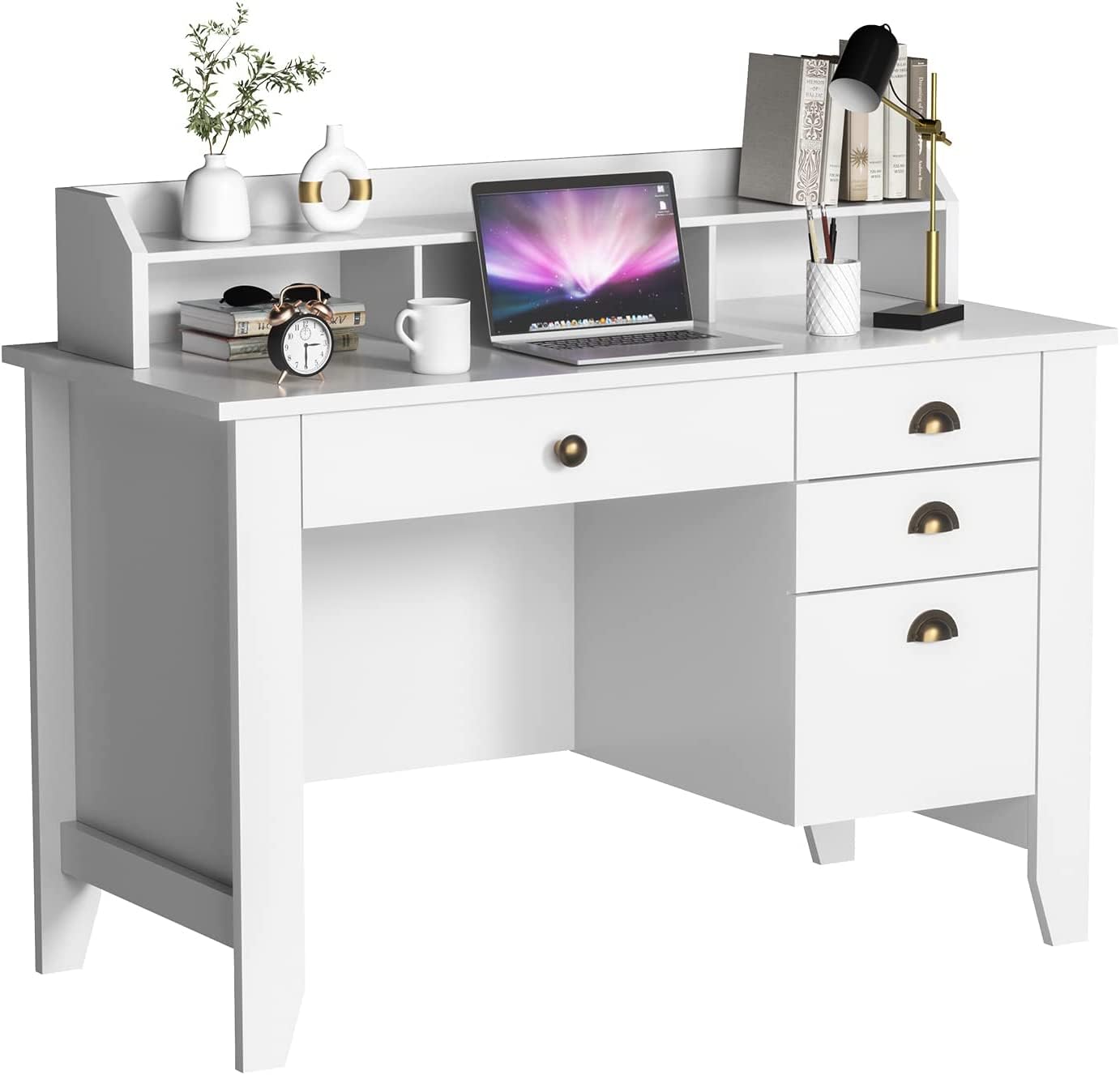 Catrimown Computer Desk with Drawers and Hutch, Vintage Wood Home Office Desk Writing Study Teens Student Desk PC Laptop Table, for Small Spaces, Black