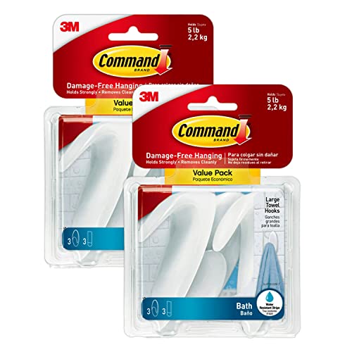 Command Bath Large Towel Hook Value Pack, Total 6 Large Wall Hooks with 6 Command Water Resistant Strips, 2-Pack of 3 Hooks, Organize Damage-Free