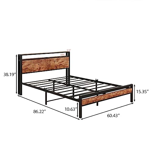 HOJINLINERO Bed Frame Queen Size with Storage Headboard/Power Outlets/USB Ports Charging Station,Metal Bed Frame Queen Size No Box Spring Needed,Under Bed Storage,Easy Assembly,Rustic Brown