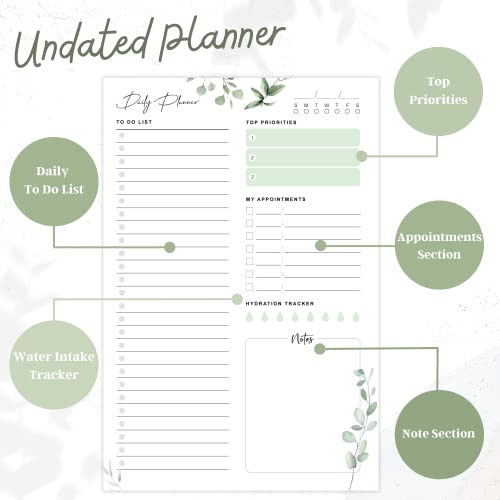 Daily Planner with Spiral Binding,6x9 Inches Undated Planner (To Do List),Greenery Design Daily To Do Planner, Habit Trackers, Time Management and Productivity Organizer