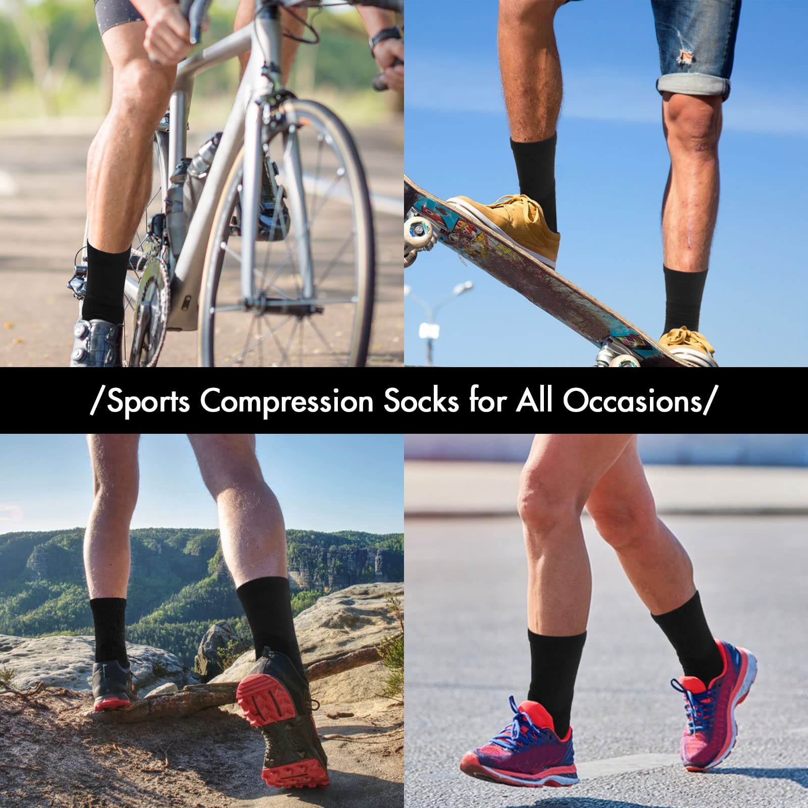 Compression Running Socks for Men Work Boots Compression Athletic Cushioned Crew Socks Moisture Wicking Socks for Basketball Hiking cycling Black-grey