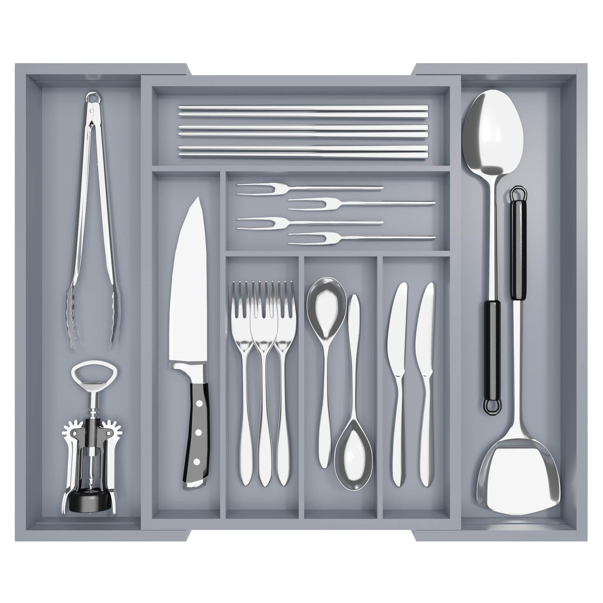 Chubangshou Utensil Organizer Silverware Holder, Adjustable Kitchen Drawer Organizer for Large Utensils, Bamboo Cutlery Organizer in Drawer (Black)