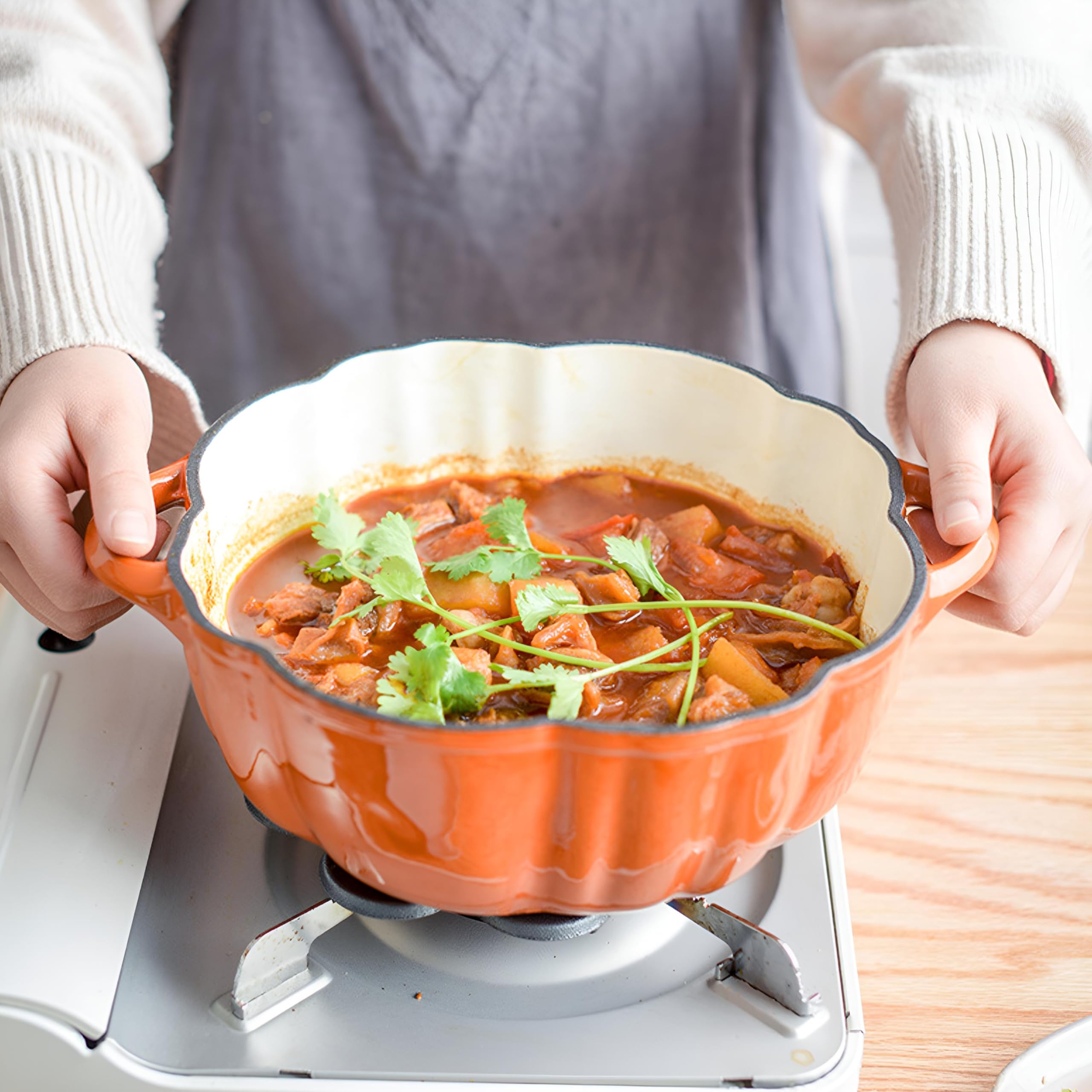 Enameled Cast Iron Dutch Oven with Lid, 1.5 qt Pumpkin Shaped Pot for Versatile Cooking,Pumpkin Dish with Big Dual Handles,Oven & Stove Safe (Orange)