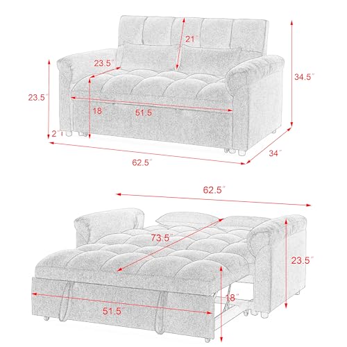 ERYE 3 in 1 Convertible Sleeper Sofabed,Modern Linen Tufted Upholstered Loveseat Sofa&Couch with Pull Out Sleep Couch Bed and Padded Armrests for Home,Office,Apartment,RV Living Room